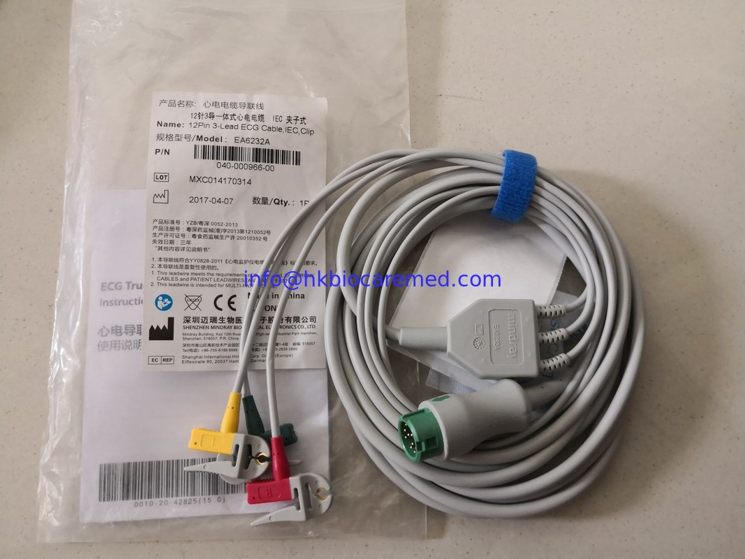 Original Mindray 3 lead ecg cable , clip ,IEC, 12 pin,EA6232A/040-000966-00