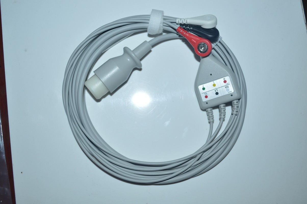Compatible 3 lead ecg cable , snap end, AHA, 8 PIN Connector